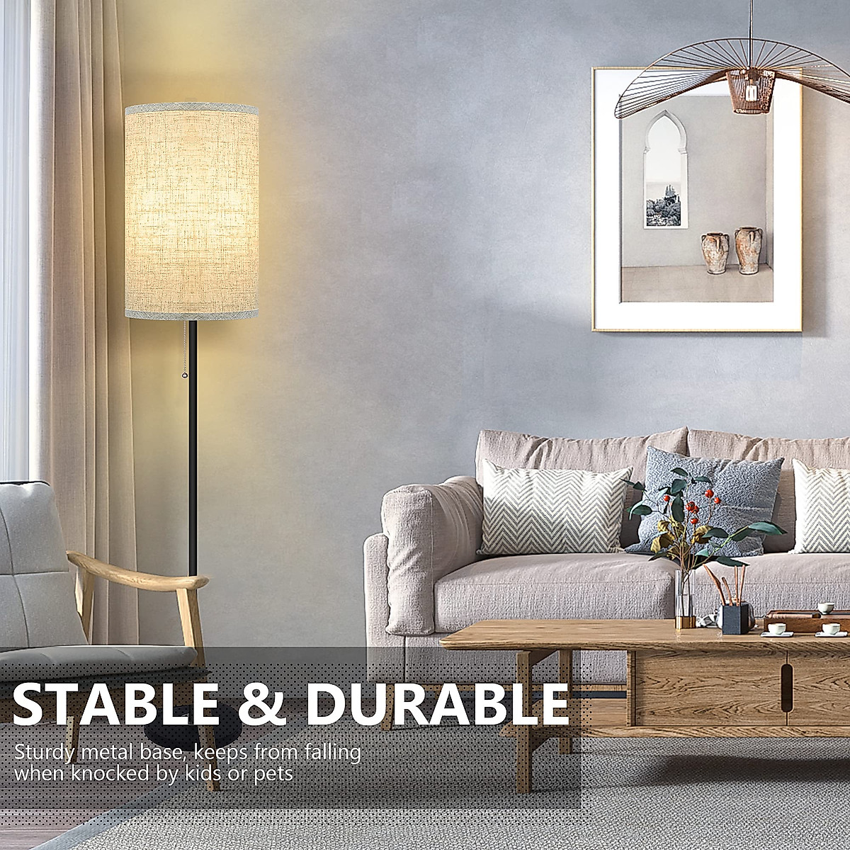 Floor Lamp, Modern Standing Lamp with Drum Fabric Shade, Farmhouse Pole Lamp, Corner Tall Stand Up Lamp for Living Room, Bedroom, Office, Bright Floor Lamp with Pull Switch (Sand Black)