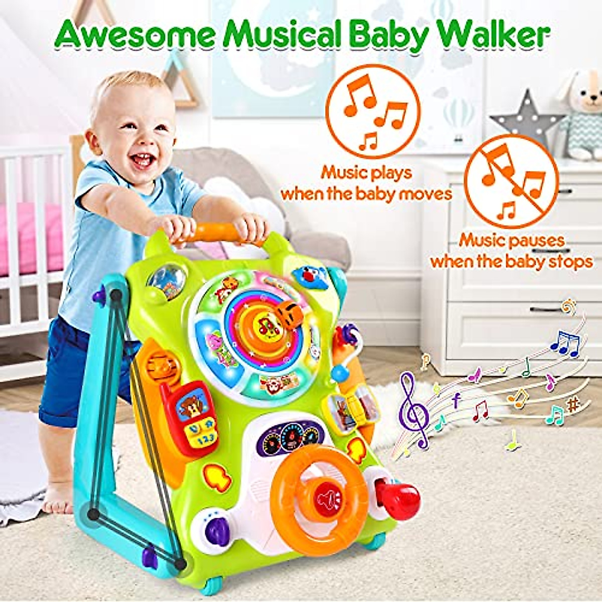 3-in-1 Baby Walker for Boy Girls Sit to Stand Toy Activity Center Drawing Board Infant Toys for 1 Year Old Birthday Gifts 9 12 18 Months 2 3 Year Old Kid Toddler Push Toy Musical Sound Light Effect
