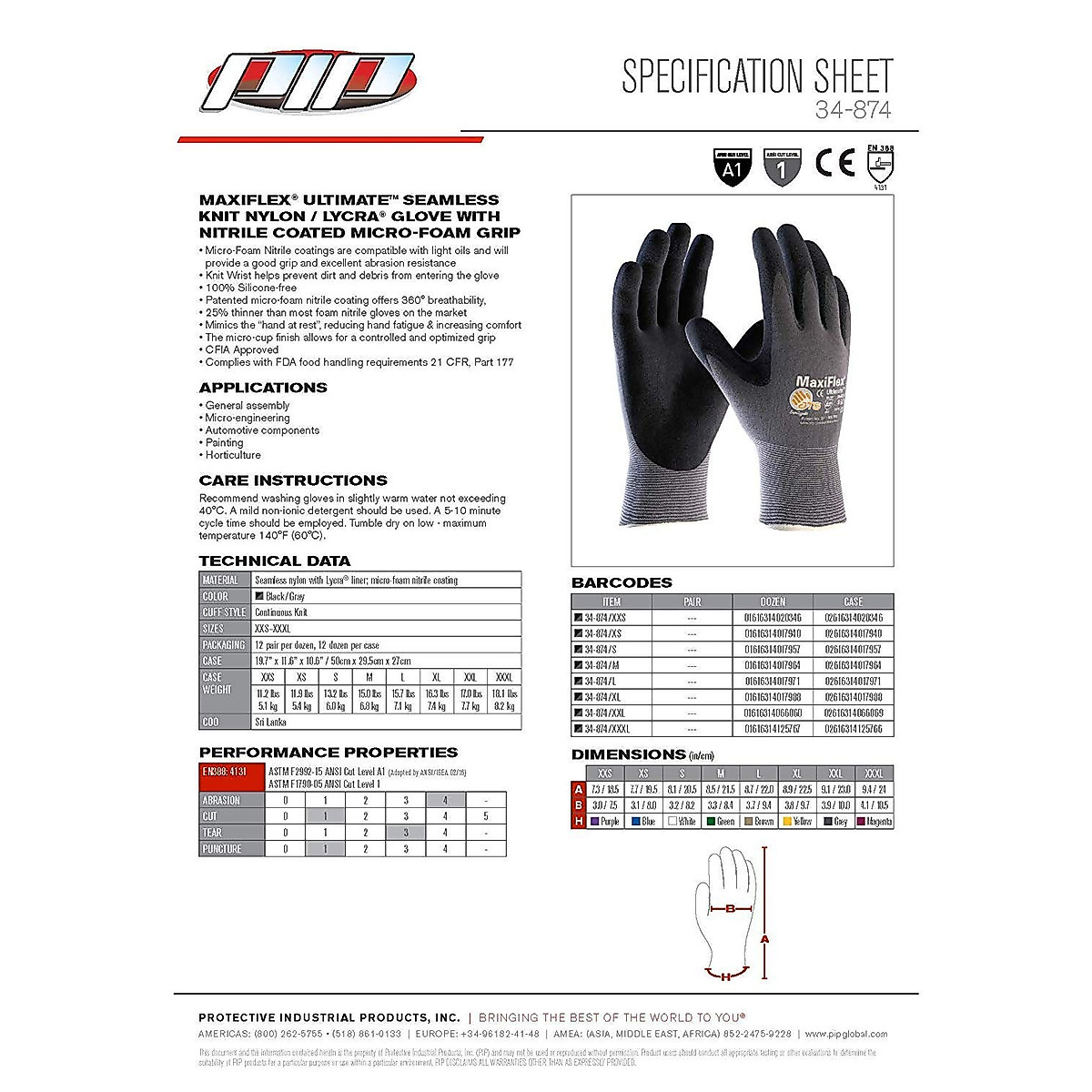 ATG 34-874/S MaxiFlex Ultimate - Nylon, Micro-Foam Nitrile Grip Gloves - Black/Gray - Small - 12 Pair Per Pack