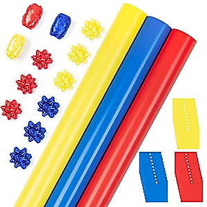 LeZakaa Solid Wrapping Paper Bundle with Gift Bows & Gift Tags, Curling Ribbon - 30" x 120" x 3 Roll - Red, Yellow & Blue Design