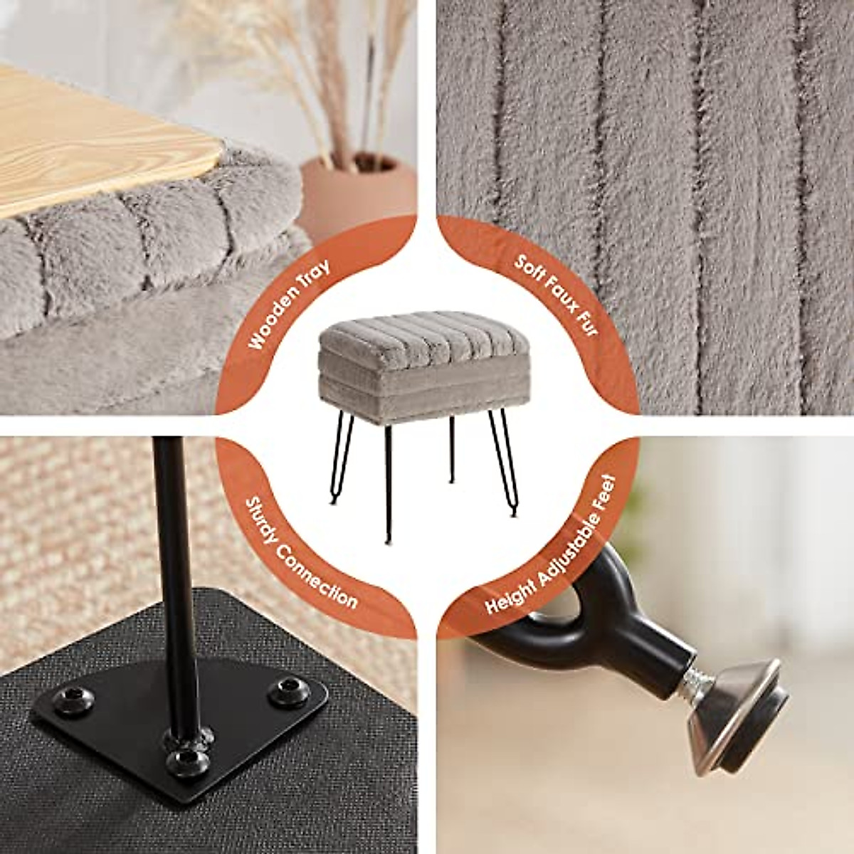 Soohow Storage Ottoman Foot Rest, Faux Fur Makeup Vanity Stool, Vanity Chair for Makeup Room, Foot Stool for Living Room, Bedroom,Metal Legs