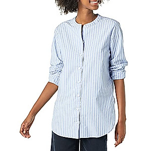 Amazon Essentials Women's Long Sleeve Tunic Poplin Shirt, Blue/White, Stripe, Small