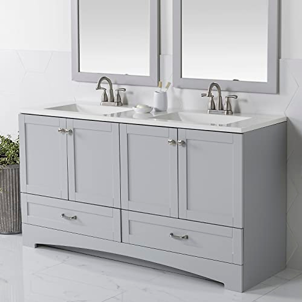 Spring Mill Emlyn Double Bathroom Vanity with 2 Cabinets, 2 Drawers, and White Sink Top, ‎18.75" D x 60.25" W x 32.89" H, Pearl Gray