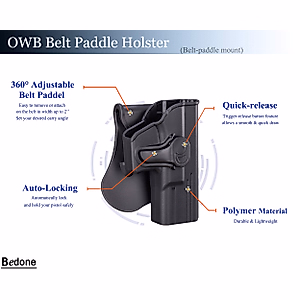 Bedone G19 Holster, OWB Paddle Holster fits Glock 19 19X 23 44 45 Gen 1 2 3 4, Outside Waistband Holster, Open Carry Tactical Gun Holster, Adjustable Cant & Fast Release - Right Handed