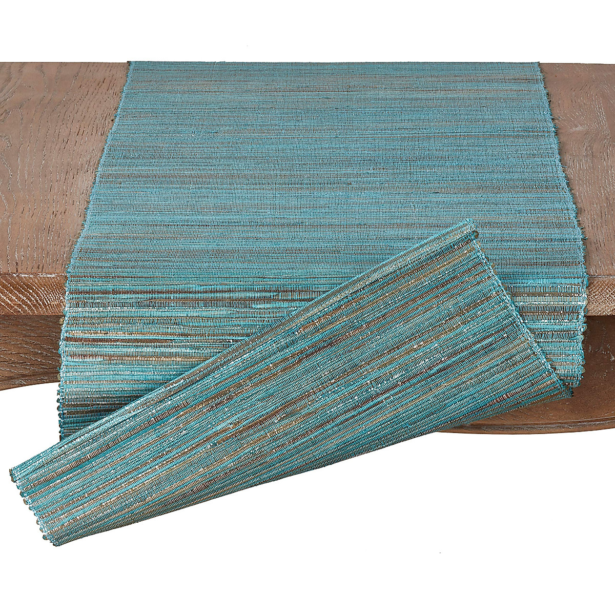 SARO LIFESTYLE 217.TQ14108B Melaya Collection Shimmering Woven Nubby Water Hyacinth Table Runner, 14" x 108", Turquoise