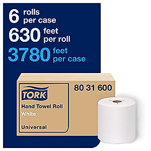 Tork Hand Towel Roll White H80, Universal, 100% Recycled Fiber, 6 Rolls x 630 ft, 8031600