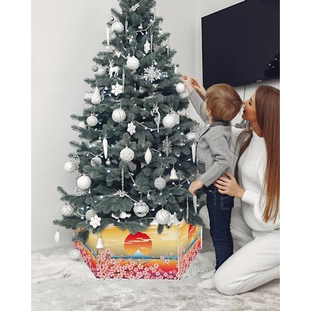 Christmas Tree Collar 4PCS-17"x10", Christmas Tree Ring Japanese-Style Mount Fuji Cherry Blossom Sunset Orange Christmas Tree Stands Skirts Base Covers for Xmas Holiday Home Decor