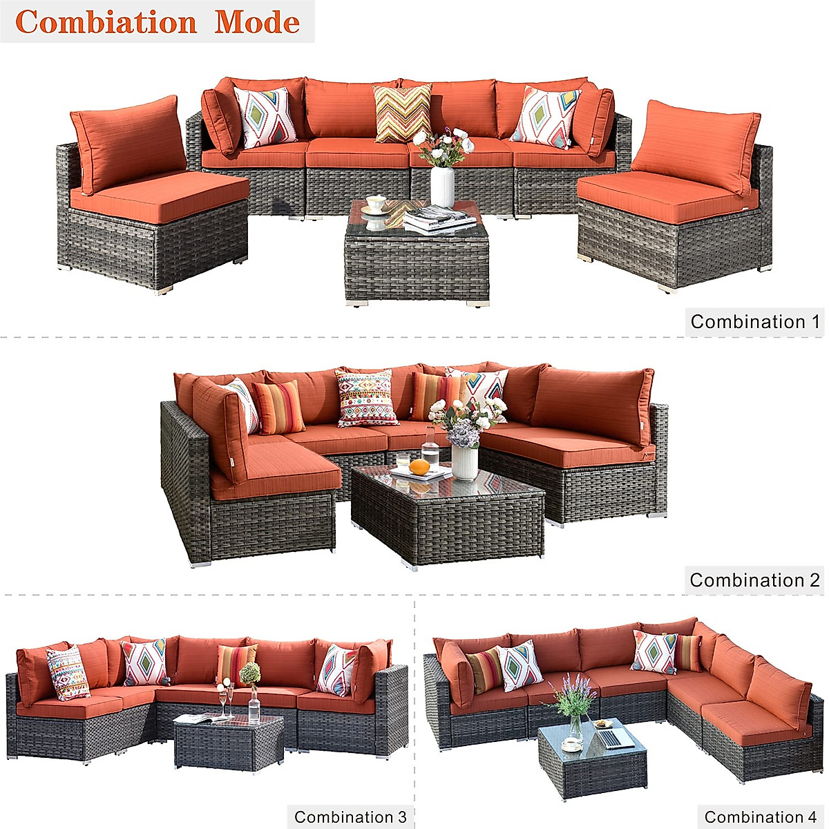 XIZZI Patio Furniture Sectional Sofa with Glass Table 7 Piece Outdoor Patio Furniture Sets All Weather Wicker Rattan Couch, Backyard Patio Conversation Sets (Orange Red)