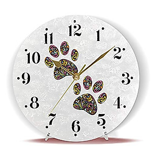 VIKKO Floral Animal Dog Paw Wall Clock 9.8 inch Round Battery Operated Decorative Clock for Kitchen School Office