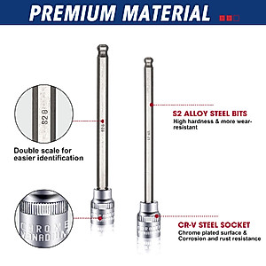 RIZOM 20-Piece 3/8 Inch Drive Long Ball End Hex Bit Socket Set, Extra Long Allen Socket Set, SAE & Metric (1/8-3/8 in., 3-10 mm), CR-V and S2 Steel