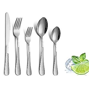 CREATIVE HOBBIES 20-Piece Silverware Set For 5,Checkered Pattern Mirror Finish Smooth Stainless Steel Fork Spoon Set Silverware Flatware Cutlery Set Include Knife/Fork/Spoon,D