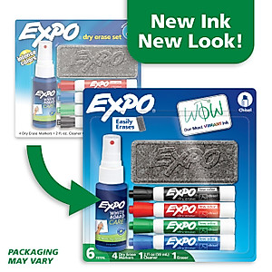 EXPO Low Odor Dry Erase Marker Starter Set, Chisel Tip, Assorted, Whiteboard Eraser, Cleaning Spray, 6 Count