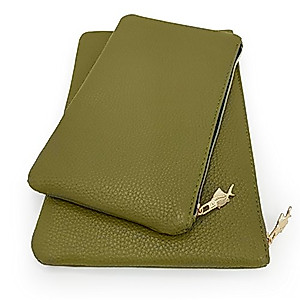 Faux Leather Pencil Case - Leather Look Makeup Bag - Olive Green with Gold Zip - Large