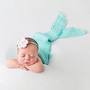 M&G House Newborn Photography Prop Mermaid Outfit Baby Photo Props Handmade Crochet Mermaid Tail Outfit Baby Mermaid Costume Set Headband Bra Tail(Aquamarine)