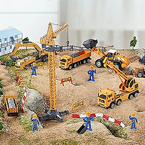 DOLIVE Construction Site Vehicles Toy with Mat, Crane Toy Tractor, Tower Crane Truck, Dump Trucks, Excavator, Cement Mixer Trucks, Kids Engineering Playset for 3+ Year Olds Boys Girls