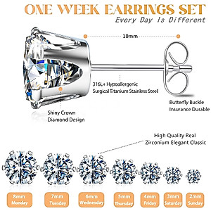 Silver Gold Black Stud Earrings Set 7Pairs Hypoallergenic Cubic Zirconia Titanium Stainless Steel Silver Rose Gold Black CZ Cartilage Stud Earrings Jewelry Sets for Women Men, 2-8mm CZ Stud Earrings