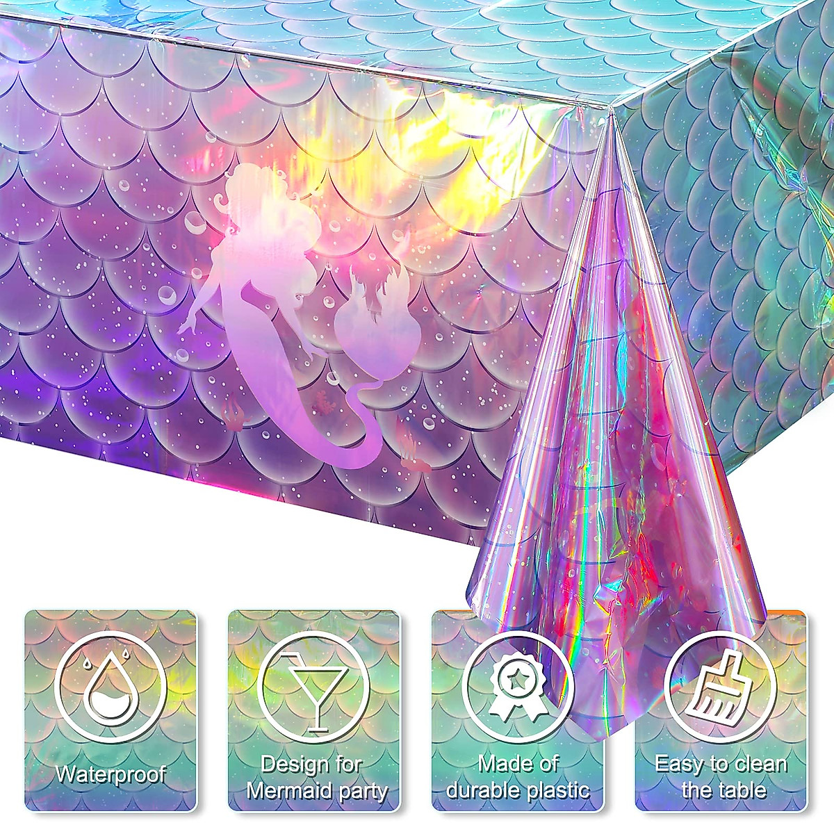 3Pcs Mermaid Iridescence Plastic Tablecloths,Mermaid Laser Table Cloths Holographic Foil Disposable Table Cover for Girls Birthday Wedding Disco Holiday Mermaid Themed Party Decorations 54 x108 inch