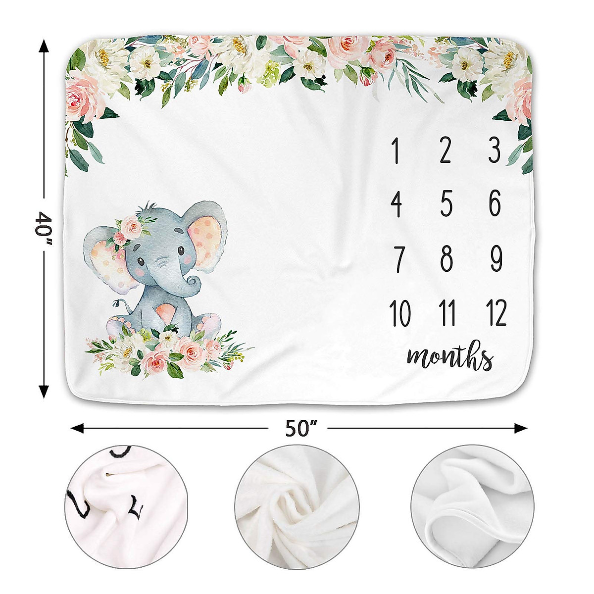 Girl Elephant Baby Monthly Milestone Blanket, Safari Elephant Baby Growth Chart Month Blanket, Watch Me Grow Baby Girl Floral Elephant Nursery Gift for New Moms Baby Shower, Includes Marker (50"x40")