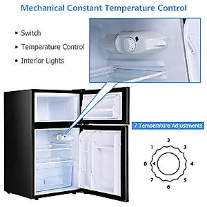 COSTWAY Compact Refrigerator, 3.2 cu ft. Unit 2-Door Mini Freezer Cooler Fridge with Reversible Door, Removable Glass Shelves, Mechanical Control, Recessed Handle for Dorm, Office, Apartment (Black)