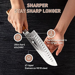 FUJUNI Damascus Santoku Knife 7 inch Damascus VG10 Steel 67-Layer -Olive Wood Handle - Razor Sharp Kitchen Knife with Exquisite Box