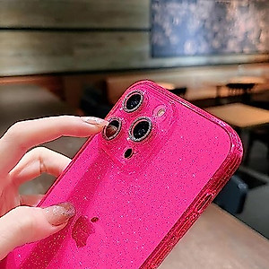 MINSCOSE Compatible with iPhone 14 Pro Max Case 6.7 inch, Cute Neon Bright Color with Bling Glitter Diamond Camera Protector, Clear Crystal Phone Case Shockproof Sparkle Len for Women Girls-Hot Pink