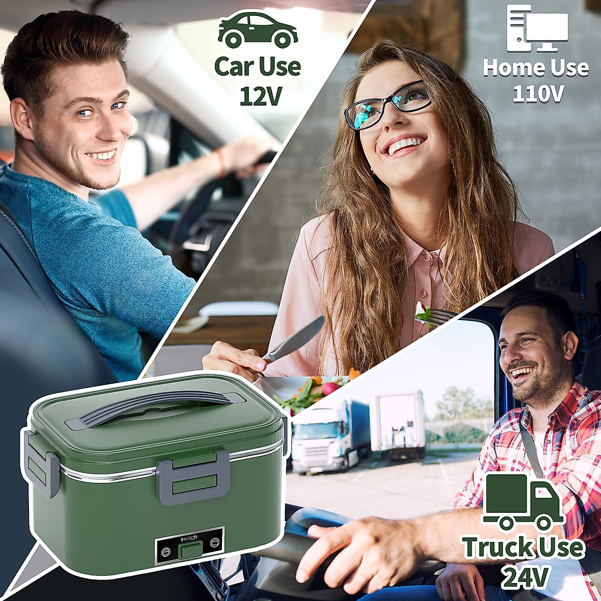 Electric Heated Lunch Box 100W - 3-IN-1 1.8L Fast Self Heating Lunch Boxes Portable Food Heater for Adults,12V/24V/110V with Leak-Proof Compartment Lid for Car Truck Office Home Green (3 Times Faster)