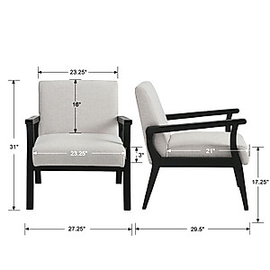 HNY Mid Century Armchair with Black Wood Frames, Linen Upholstered Living Room Arm Chair, for Living Room, Bedroom, Ivory