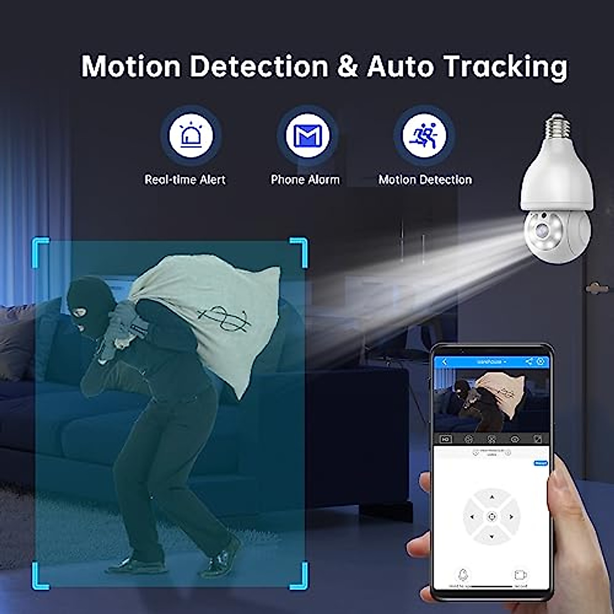 2K HD Light-Bulb Security Camera, Wireless 2.4G&5Ghz Wifi, Work With NVR & 3rd Party Software, RTSP Stream, Work With Alexa, 360° View, Auto Tracking, 2 Way Audio, Motion Detection, Remote View
