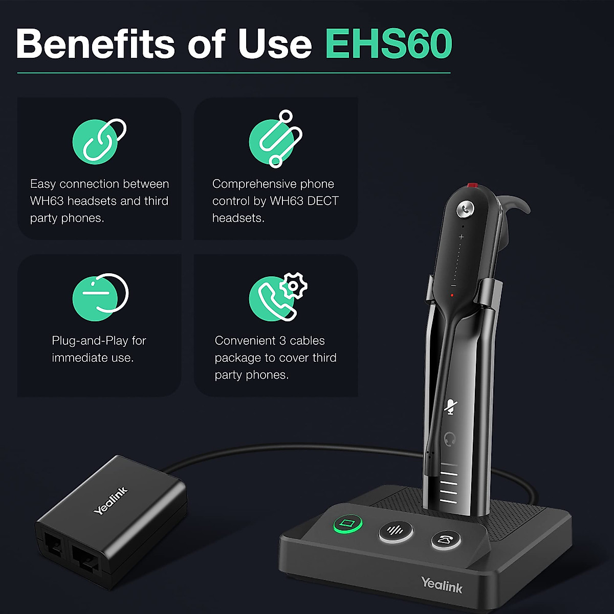 Yealink WH63 Wireless Headset with EHS60 Adapter DECT Headset Teams Zoom Certified Headset Compatible for Cisco Avaya Poly Grandstream IP VoIP Phones SIP Phones Noise Canceling Mic Stereo Single Ear