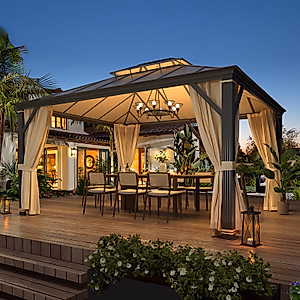 YOLENY 12'x14' Hardtop Gazebo, Permanent Outdoor Aluminum Patio Gazebo with Aluminum Composite Double Roof for Patio Lawn and Garden, Curtains and Netting Included