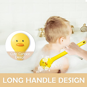 Little Yellow Eagle Bath Brush, Softer bristles, Long Handle, Suitable for Children Aged 3-12, Cleaning Sweat Stains and Beauty Bath, Wet or Dry Brush, Bath Brush (14 inch, Lemon Yellow)