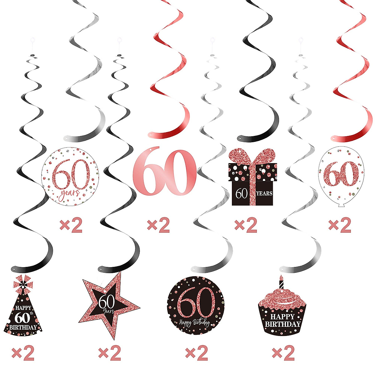 Blulu Birthday Party Decorations, Birthday Party Rose Gold Hanging Swirls Ceiling Decorations Shiny Foil Swirls for Birthday Decorations Supplies 30 Count (60 Style)