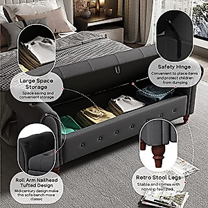 NIOIIKIT 63'' Storage Ottoman Bench, End of Bed Button Tufted Ottoman Bench, Rolled Armed Ottoman Couch Long Bench for Bedroom, Living Room, End of Bed, Hallway(Grey, Polyster)