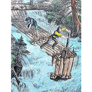 Antique Steel Engraving: Logs on River