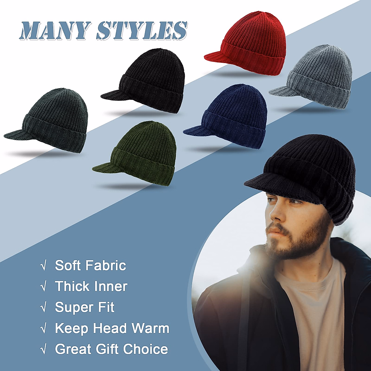 POXIMI Men Knit Hat Women Winter Beanies Warm Newsboy Hats with Brim Thick Cap Fleece Lined (Black)