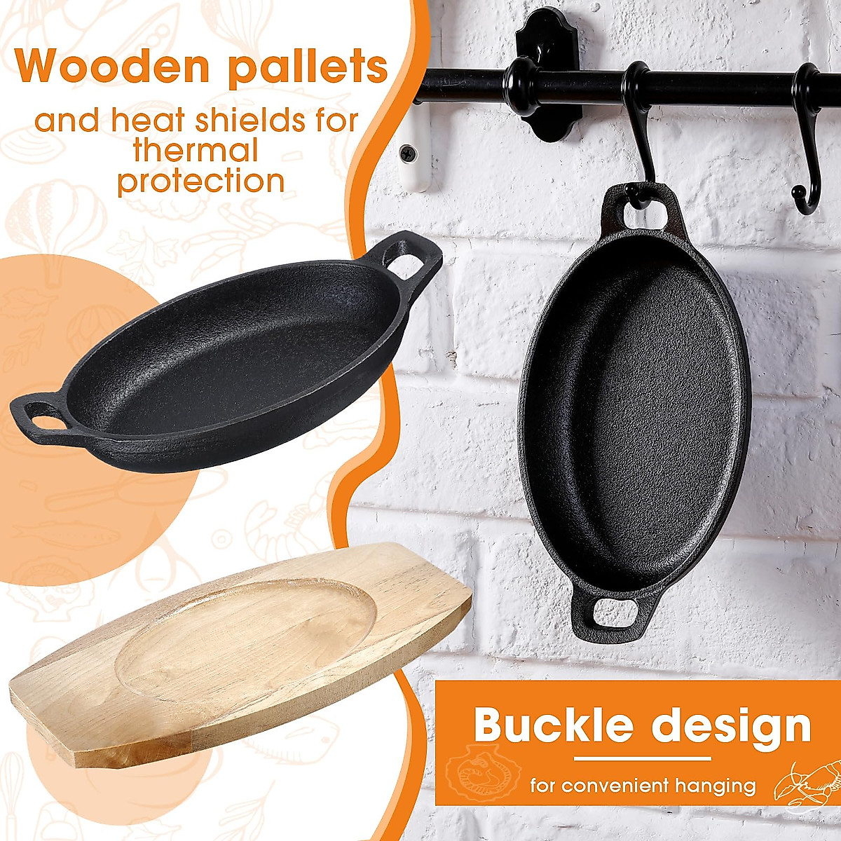 Mifoci 6 Sets Mini Cast Iron Skillets,oval Fajita Plates with Wooden Base Dish Tray Serving Sizzling Plate for Baking Roasting Cooking Grilling Appetizer (8.5x6.1x1.7 In)