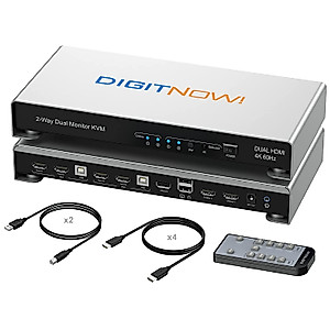 KVM Switch 2 Monitors 2 Computers, 4K@60Hz Dual Monitor KVM Switch HDMI 2 Port Extended Display, Audio & Microphone, EDID Emulators, Hotkey & Remote & Button Switch, with Input Cables