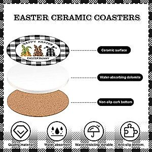 Whaline Easter Coaster 4Pcs Easter Farmhouse Drink Coaster White Black Buffalo Plaids Bunny Rabbit Truck Ceramic Coaster Cup Mat for Mugs Cups Home Kitchen Party Supplies, 4.1 x 0.3 Inch