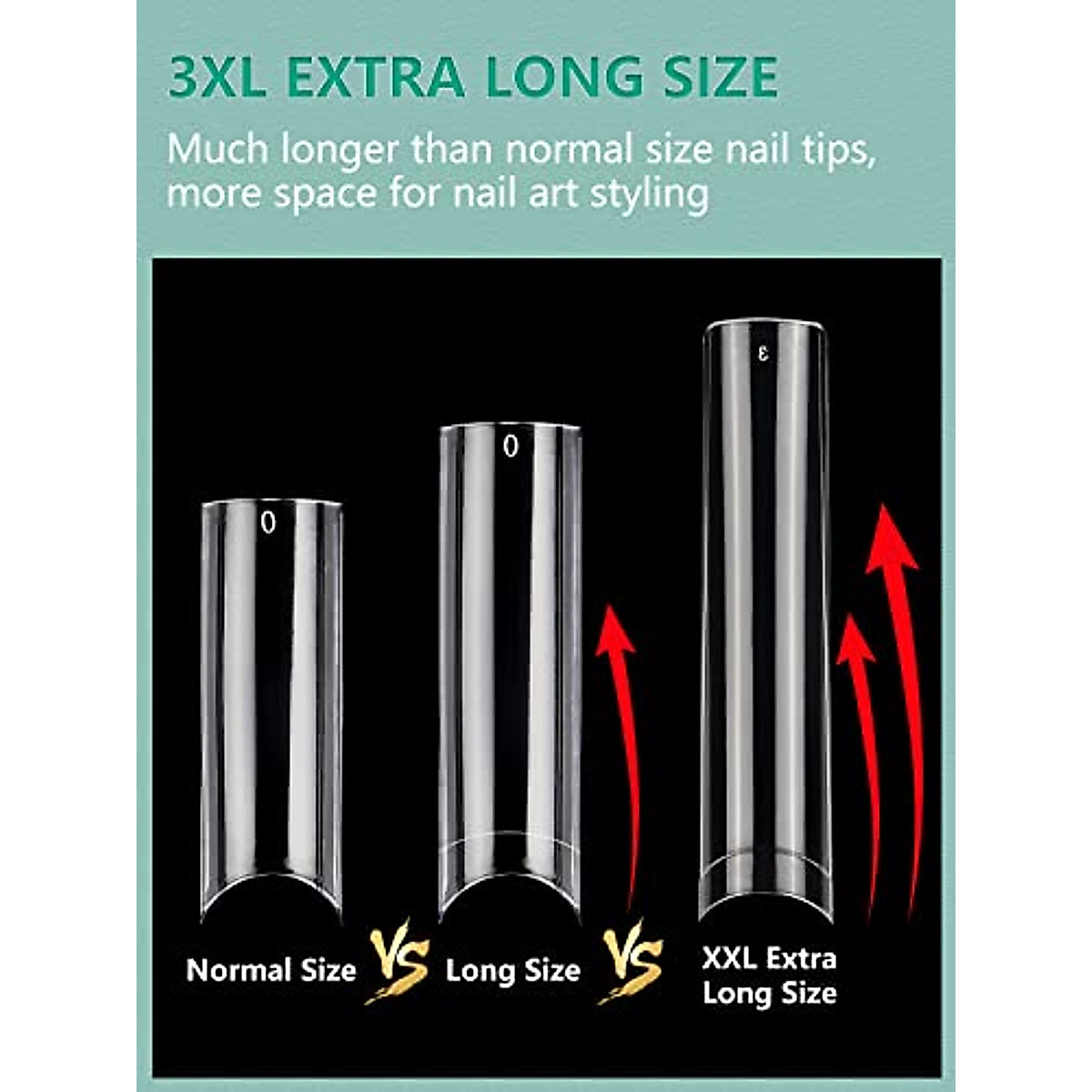 504 PCS No C Curve Clear Nail Tips for Acrylic Nails Professional, 3XL Extra Long, 12 Sizes Half Cover Straight Tapered Square French Fake Nail Tips for Nail Salons Home DIY