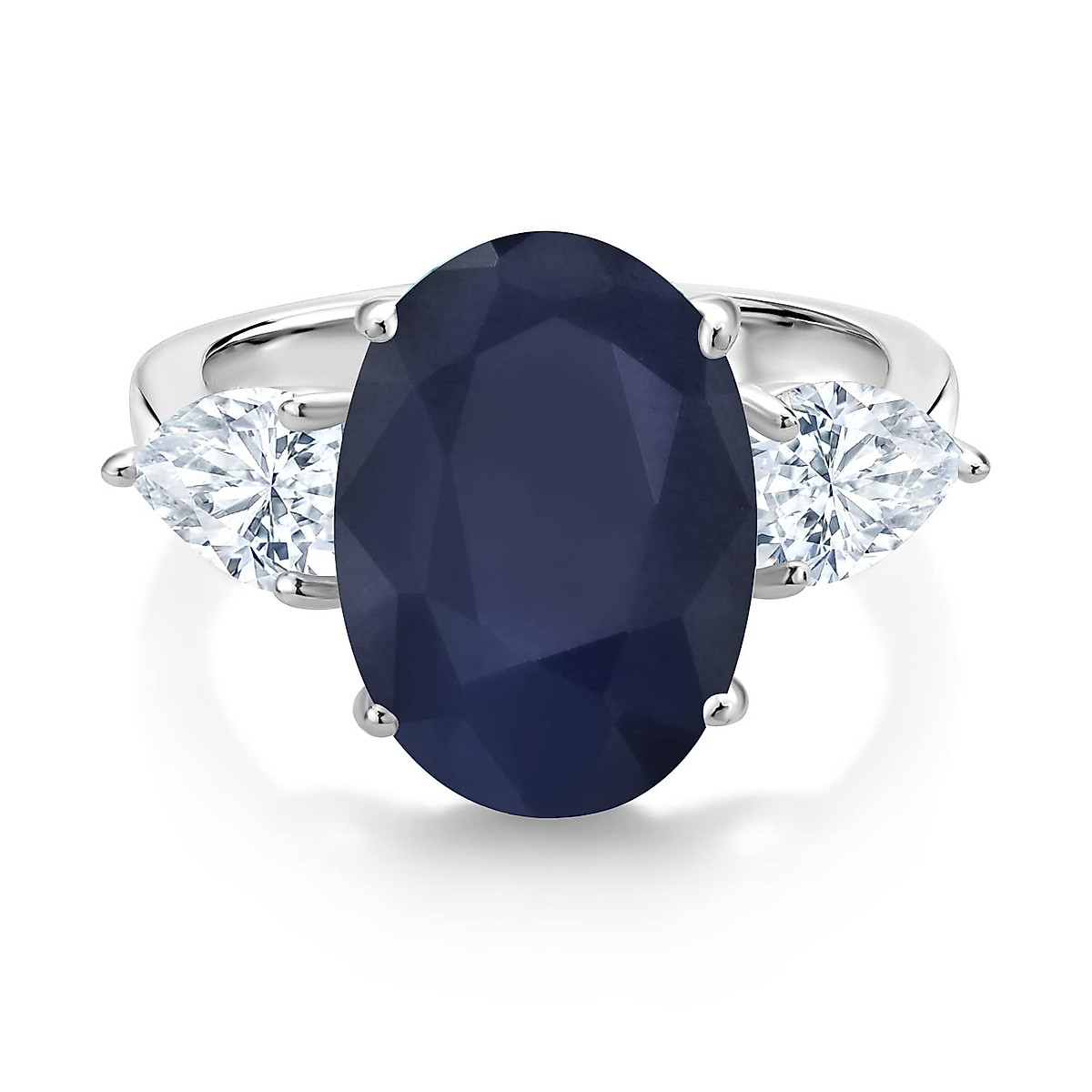 Gem Stone King 925 Sterling Silver Blue Sapphire & White Moissanite Ring For Women | 7.91 Cttw | 14X10MM Oval & 7X5MM Pear Shape | Available In Size 5, 6, 7, 8, 9