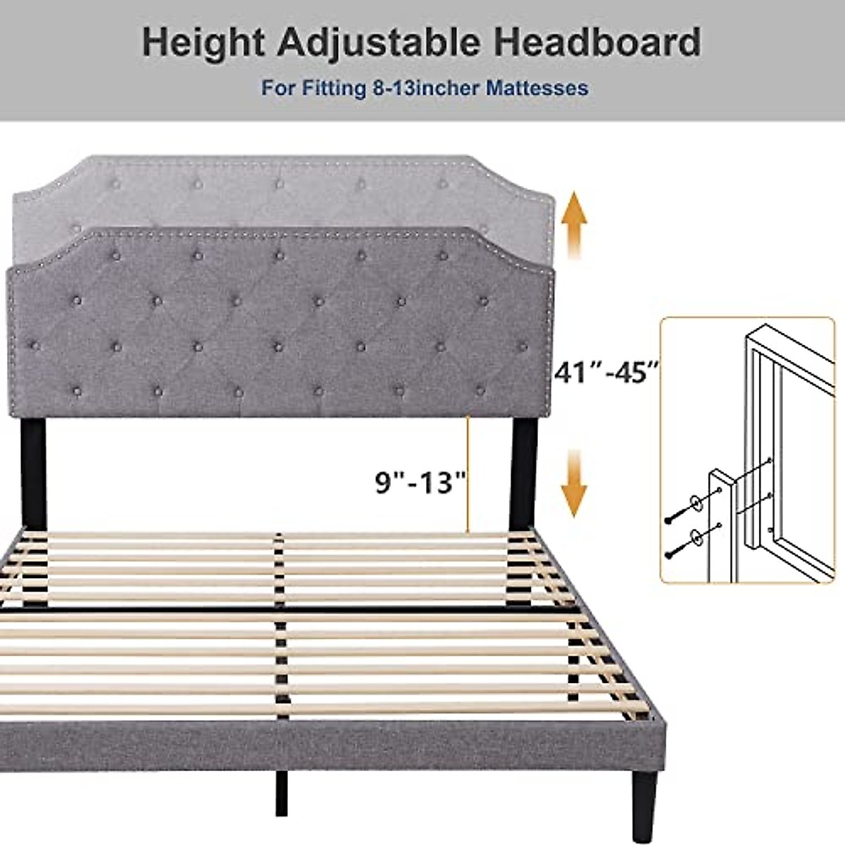 QZhommer Full Size Bed Frame, Modern Upholstered Platform Bed with Adjustable Button Tufted & Riveted Headboard with Wood Slat Support, Easy Assembly, No Box Spring Needed(Grey)