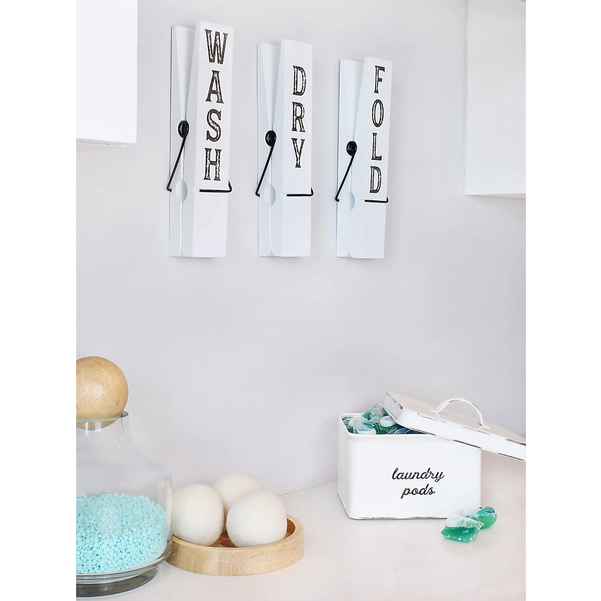 AuldHome Design Laundry Room Wall Art (Set of 3); Rustic Wood Clothespin Shaped Laundry Decor