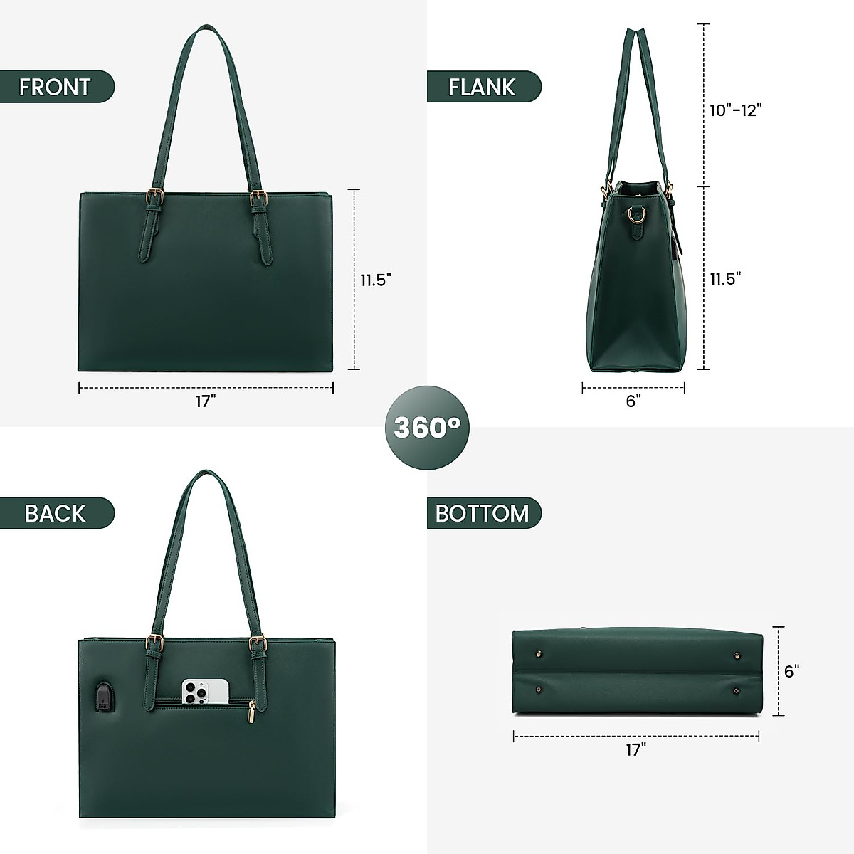 LOVEVOOK Laptop Bag for Women, Fashion Computer Tote Bag Large Capacity Handbag, Leather Shoulder Bag Purse Set, Professional Business Work Briefcase for Office Lady, 2PCs, 15.6-Inch, Deepgreen