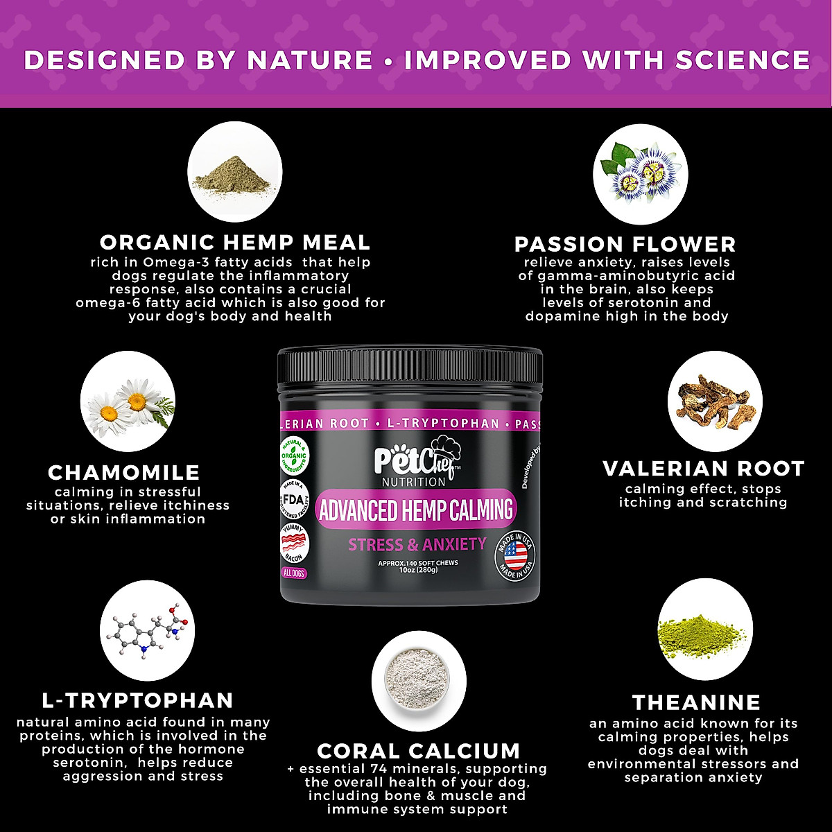 Pet Chef Calming Chews for Dogs with Hemp – Natural Dog Calming Chews for Separation Anxiety, Hyperactivity, Stress, and Pain Relief, Roasted Bacon Flavor, Pop Top Lid, Made in USA, 140 Count Value