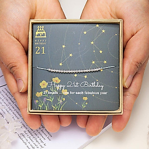 AnotherKiss Happy 21st Gifts for Her - Sterling Silver Bead Bracelet for 21st Birthday Gift, Adjustable Jewelry 7" - 10" Cord