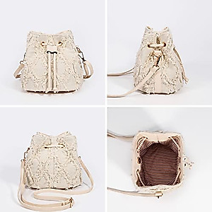 JBB Bucket Bags for Women Mini Crossbody Purse Denim Fringe Hobo Shoulder Handbag Drawstring Tote Bag White