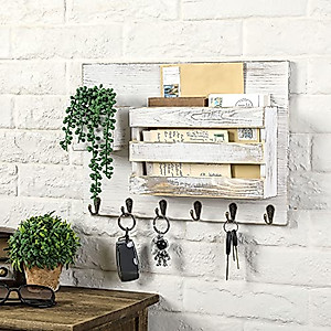 MyGift Wall Mounted White Washed Solid Wood Entryway Key Hooks and Mail Holder Organizer Rack with 6 Hooks and Artificial String of Pearls Decorative Plant