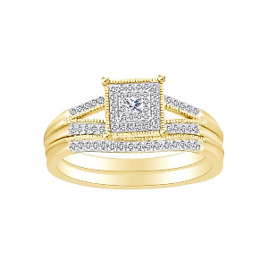 AFFY 1/5 Carat CT Princess/Round Cut White Natural Diamond Split Shank Engagement Wedding Bridal Ring Set In 10k Solid Yellow Gold (I-J Color, I2-I3 Clarity, 0.20 Cttw) Ring Size-8