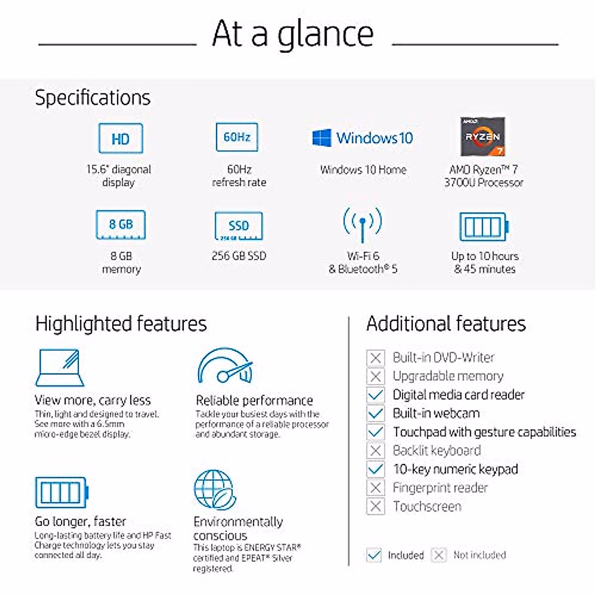 HP 15-inch HD Laptop, AMD Ryzen 7 3700U Processor, 8 GB RAM, 256 GB SSD, Windows 10 Home (15-ef0022nr, Natural Silver) (Renewed)
