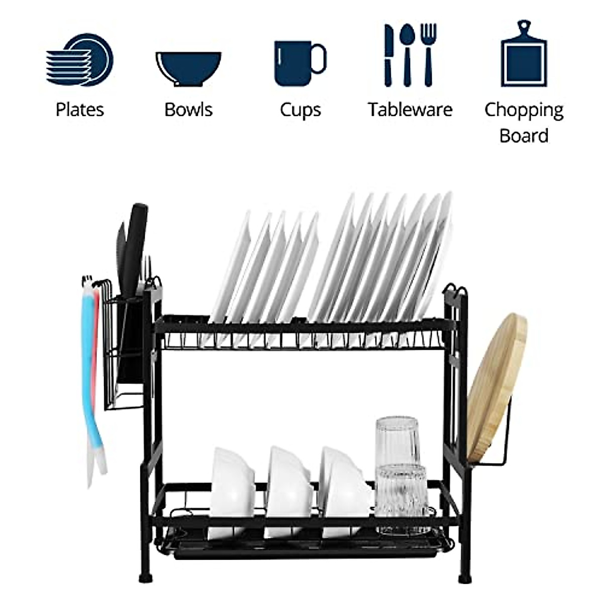 Flexzion 2 Tier Dish Drying Rack Drainboard Set, Kitchen Drying Rack Dish Drainer with Utensil Holder, Cup Hanger, Tray Plate Rack for Kitchen Countertop, Organizer, Storage Accessories, Black